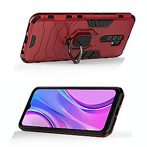 Ytaland for Xiaomi Redmi 9 Case,with 2 x Tempered Glass Screen Protector. (3 in 1) Shockproof Bumper Defender Protective Phone Cover with Ring Kickstand (Wine Red)