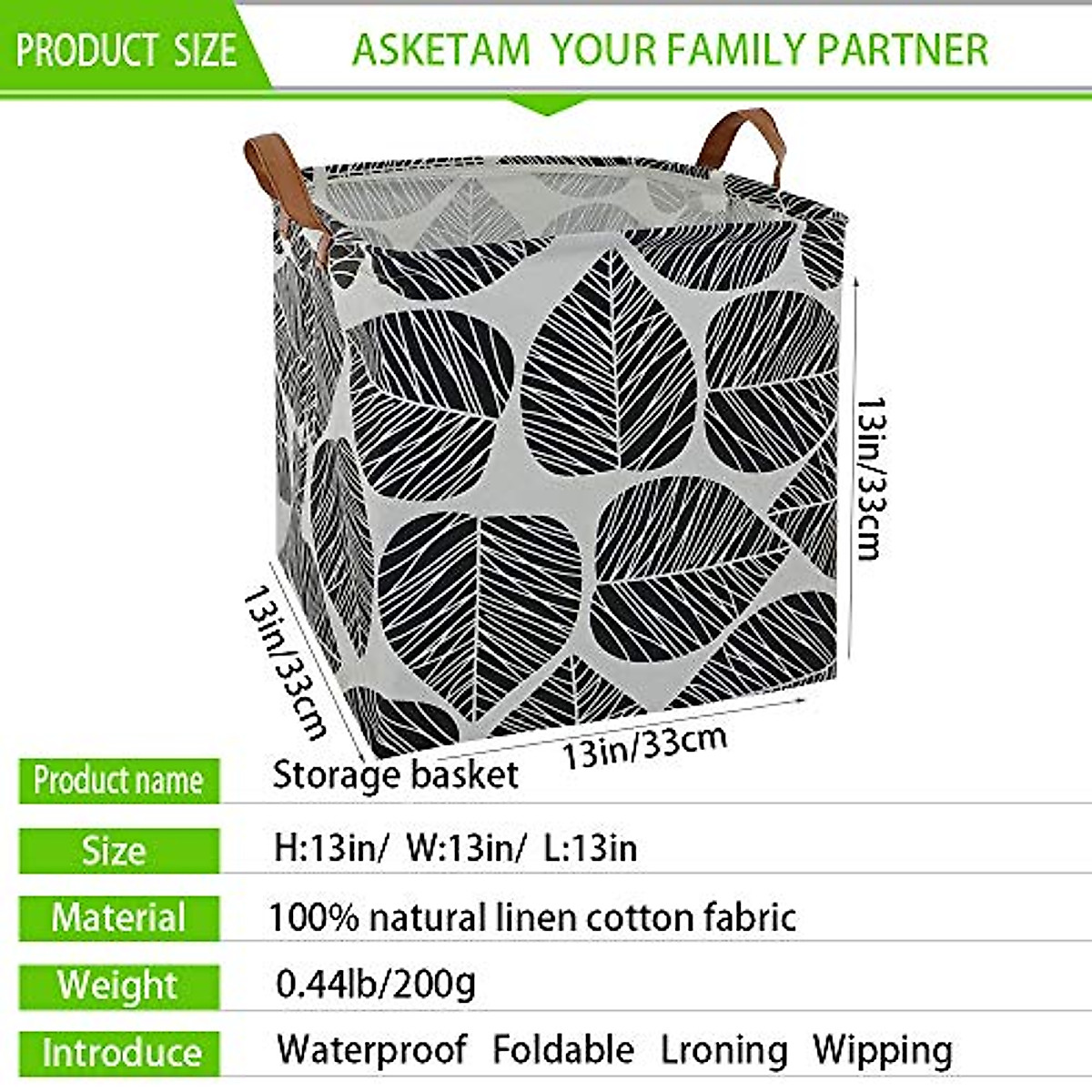 ASKETAM Square Canvas Collapsible Fabric Baby Toy Box Storage Bin Bedroom Decor Closet Kids Laundry Baskets Toy Organizer,Shelf Basket Nursery Storage,Gift Baskets(Black Leaves)