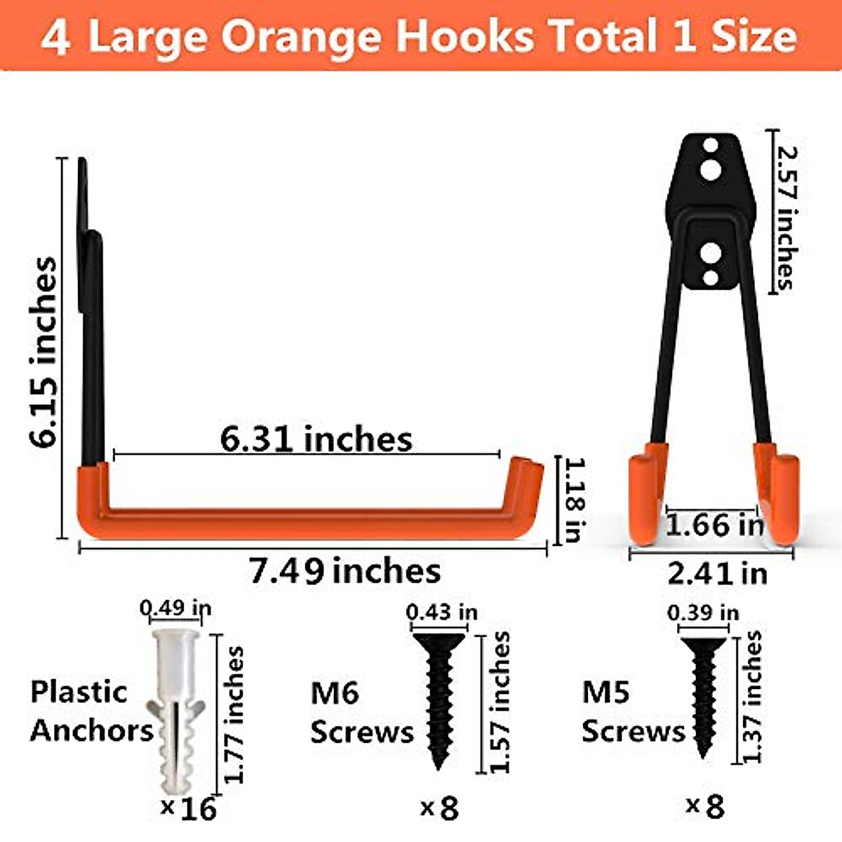 Heavy Duty Garage Storage Utility Double Hooks,Extended Wall Mount Tool Holder Organizer for Ladders,Bike,Chair (4 Pack Orange 7.5" Large U Hook)