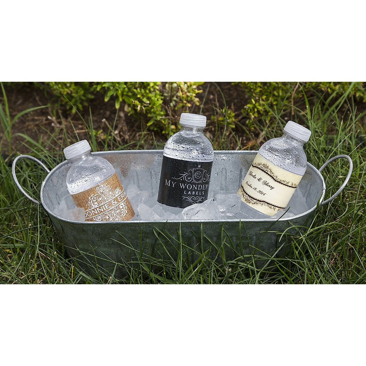 DesignThatSign 100 Gold Confetti On Navy Blue Wedding Anniversary Engagement Party Water Bottle Labels Bridal Shower