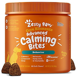Zesty Paws Calming Bites for Dogs - Anxiety Composure Relief with Suntheanine + Omega Bites Soft Chews - with AlaskOmega for EPA & DHA Omega-3 Fatty Acids to Support Normal Skin Moisture