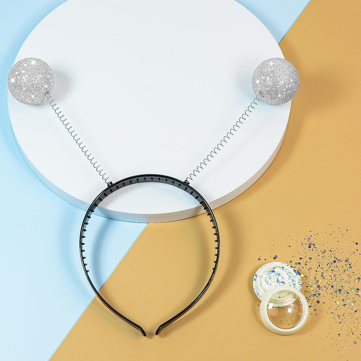 MUKOSEL Alien Headband with Glitter, Silver Martian Antenna Headband Glitter Ball Boppers, Alien Antenna Headband Theme Party Halloween Cosplay Costume Alien Costume Accessories for Women Adults Kids