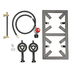 Portable Double Burner Outdoor Gas Stove Cast Iron Propane Cooker with Adjustable 0-10Psi Regulator Hose for Patio Camping, BBQ, Home Brewing,Tailgating, Hiking, Maple Syrup Prep