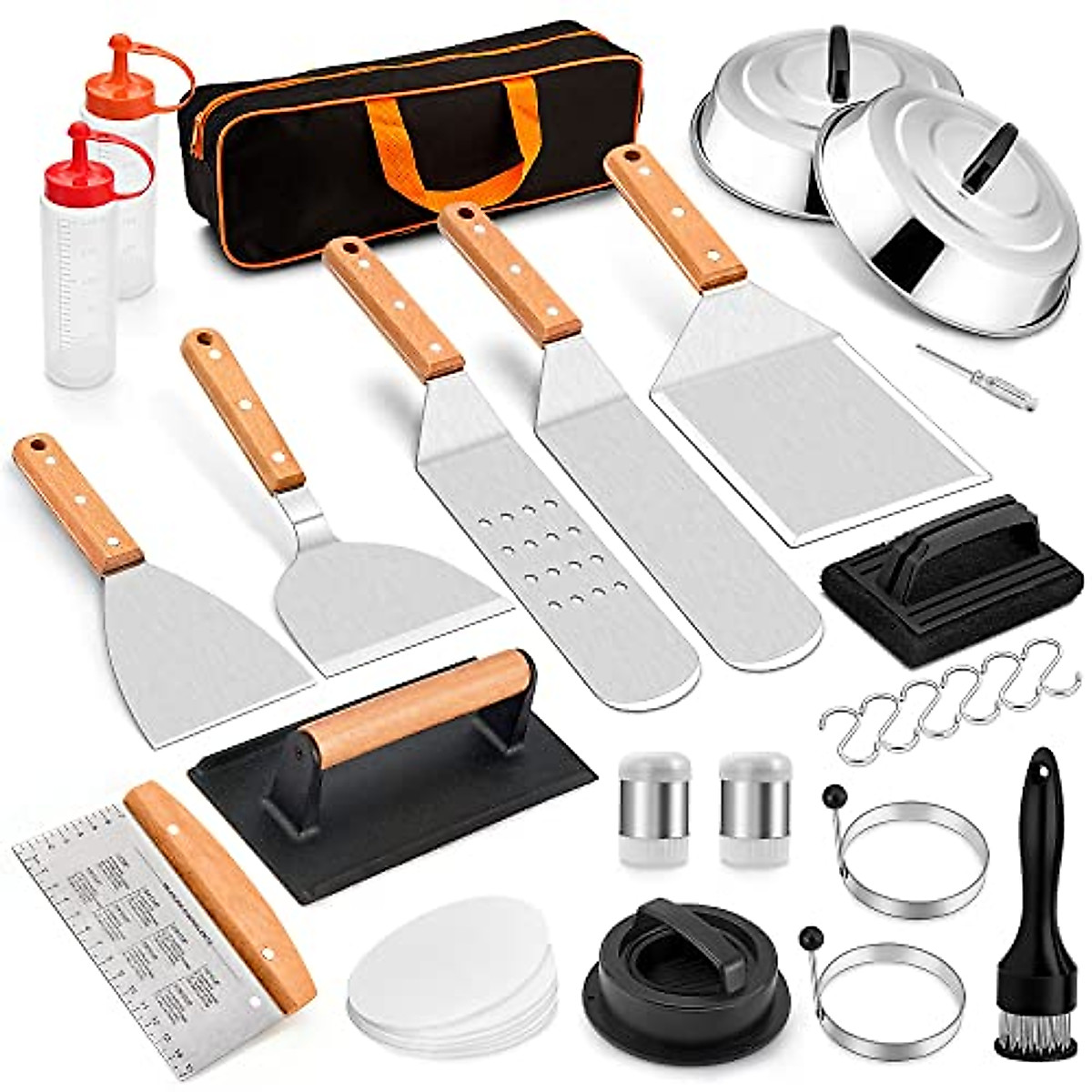 21Pcs Griddle Accessories Kit, Leonyo BBQ Flat Top Grill Accessories, Outdoor Camping Stainless Steel Metal Spatula Tools Set with 12" Melting Dome, Bacon Press, Burger Patty Maker, Meat Tenderizer