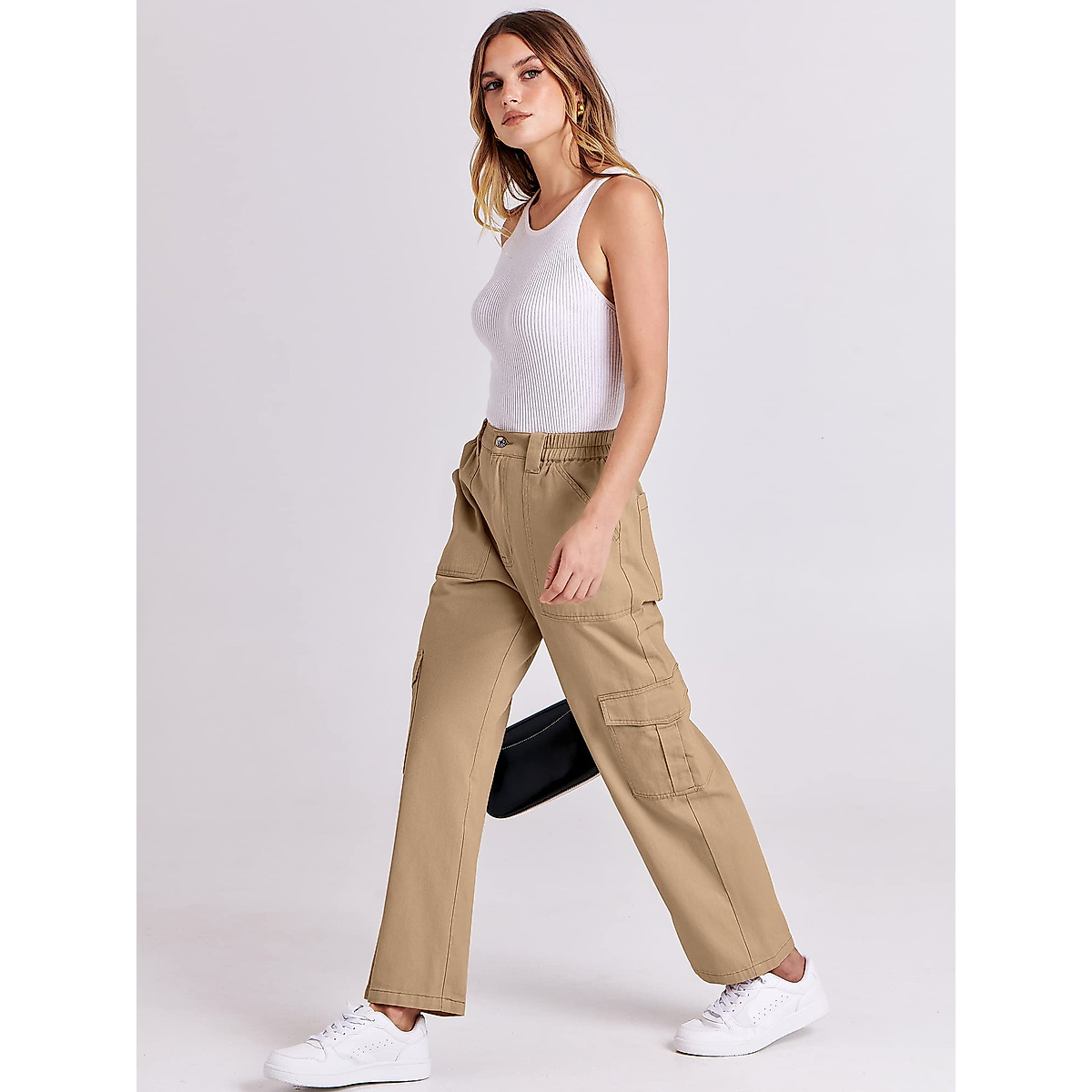 ANRABESS Women's Cargo Pants High Waisted Baggy Multiple Pockets Casual Trendy Fashion Relaxed Fit Y2K Trousers Brown Medium