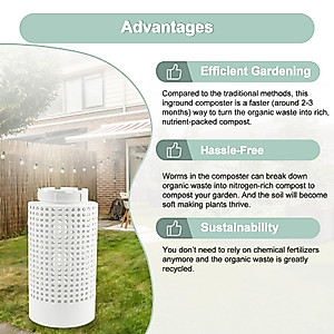 WSEYU Inground Worm Farm Composter, Outdoor In-Ground Worm Compost Bin for Raised Garden Beds and Yards, In Ground Worm Composting Bin 2 Gallons for Recycling Scraps, 6.3"x6.3"x12", BPA Free, White