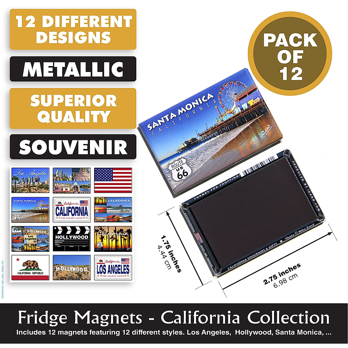 Set of 12 California Fridge Magnet - Los Angeles-Hollywood-Santa Monica-Travel Souvenir-2.75 x 1.75 inch-Pack of 12