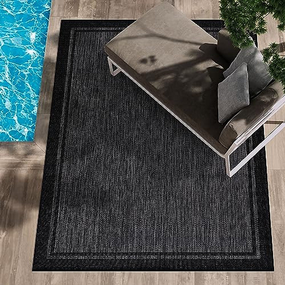 CAMILSON Indoor Outdoor Rug, 5x7 Bordered Dark Grey Black Modern Area Rugs for Indoor and Outdoor Patios, Kitchen and Hallway Mats, Washable Porch Deck Outside Carpet (Bordered Black, 5x7)