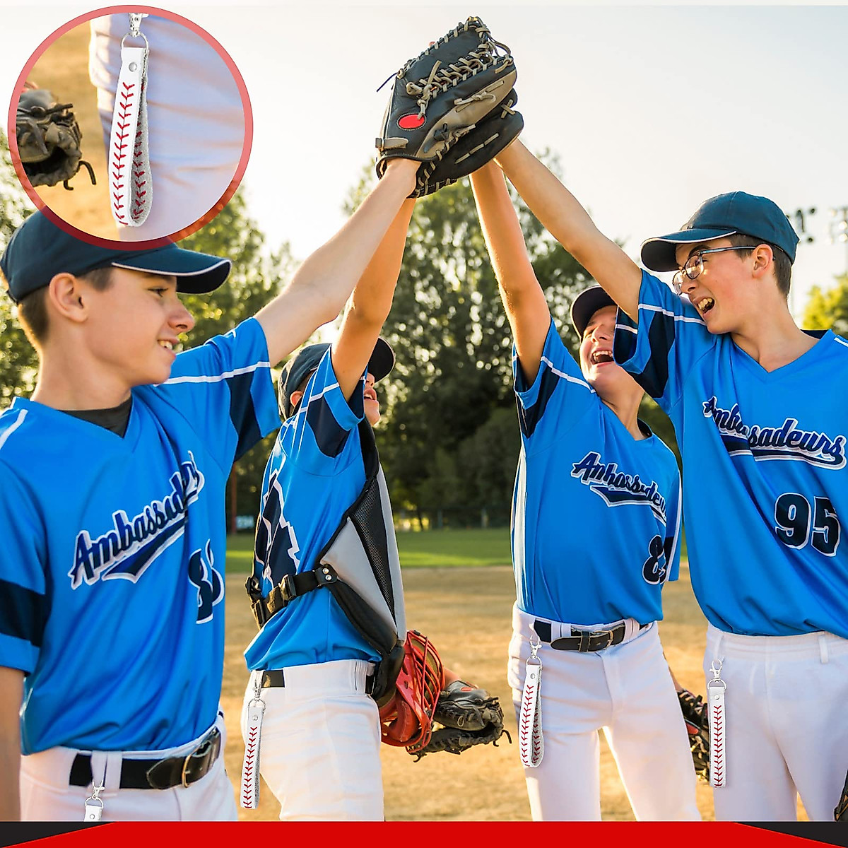 Inbagi 6 Pcs Leather Baseball Keychains for Boys White Seamed Keychain Sports Softball Keychains Baseball Gifts for Boys Wristlet Strap Keychain for Car Purse Accessories Players Sports Team Souvenir