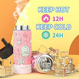 Mollcity 16 oz Stainless Steel Vacuum Insulated Wide Mouth Sports Water Bottle for Back to School-Reusable Metal Water Bottle Flask with Straw for Girls-Mermaid