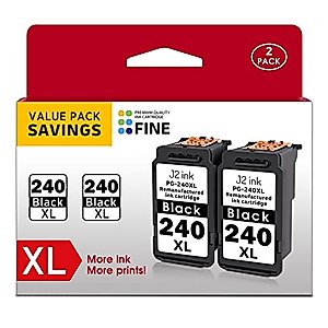 J2INK Remanufactured Ink Cartridge Replacement for 240xl Canon Black Ink Canon pg-240xl Black Cartridge Pixma MG3620 (2 Black)