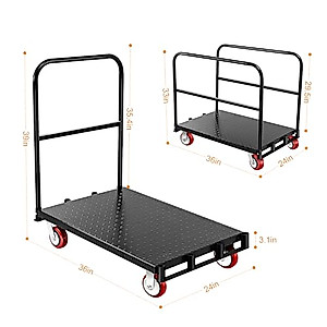 LoJok 2 in 1 Steel Drywall Cart, 37"x24" Panel Lumber Cart Heavy Duty with 2 Straps, Platform Truck Cart with 2200lbs Capacity and 4 Swivel Casters, Flatbed Cart with 3 Handrails, Black