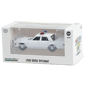 Greenlight 43006-L Hot Pursuit 1980-89 Dodge Diplomat Police White with Light and Push Bars 1/64 Scale