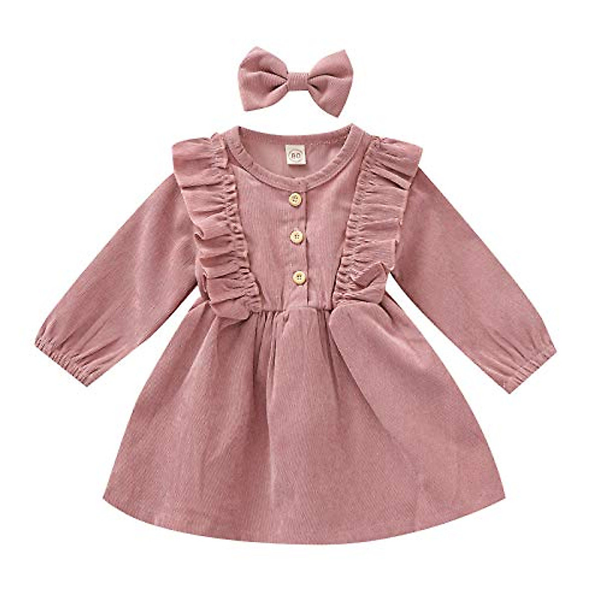 YQYJA Toddler Baby Girls Fall Winter Corduroy Ruffle Long Sleeve Dress Headband Kids Dresses (Pink, 12-18 Months)