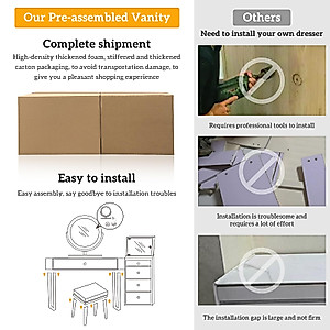 GrxGry Vanity Table Set, Premium Solid Wood Vanity Desk with Multi-Plug Outlet, Desktop Cabinet for Large Bottles, HD Smart Mirror, Multi-Depth Side Drawers for Various Sized Objects (Khaki-51IN)