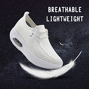 AUUGK White Women's Slip-on Walking Shoes Mesh Breathe Air Cushion Arch Support Sock Sneakers for Women Ladys Girls Fashion Platform Lightweight Loafers Non-Slip Nursing Work Running Shoes Size10