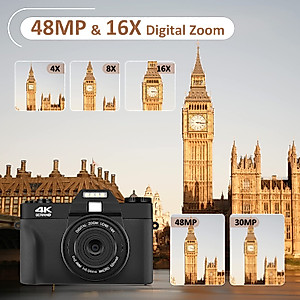 4K Digital Camera for Photography Autofocus Anti-Shake 48MP Vlogging Camera with 64GB Micro Card, 3'' 180° Flip Screen 16X Digital Zoom Travel Camera with Wide-Angle Lens & Macro Lens, 2 Batteries