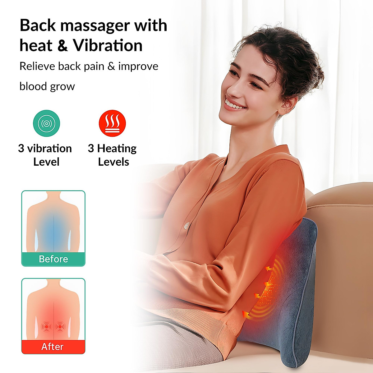 Snailax Heated Lumbar Support Pillow for Office Chair, Back Support Pillow for Car with Vibration, Chair Support for Lower Back, 3 Heat Levels & 3 Massage Modes, Back Massager with Heat, Gifts