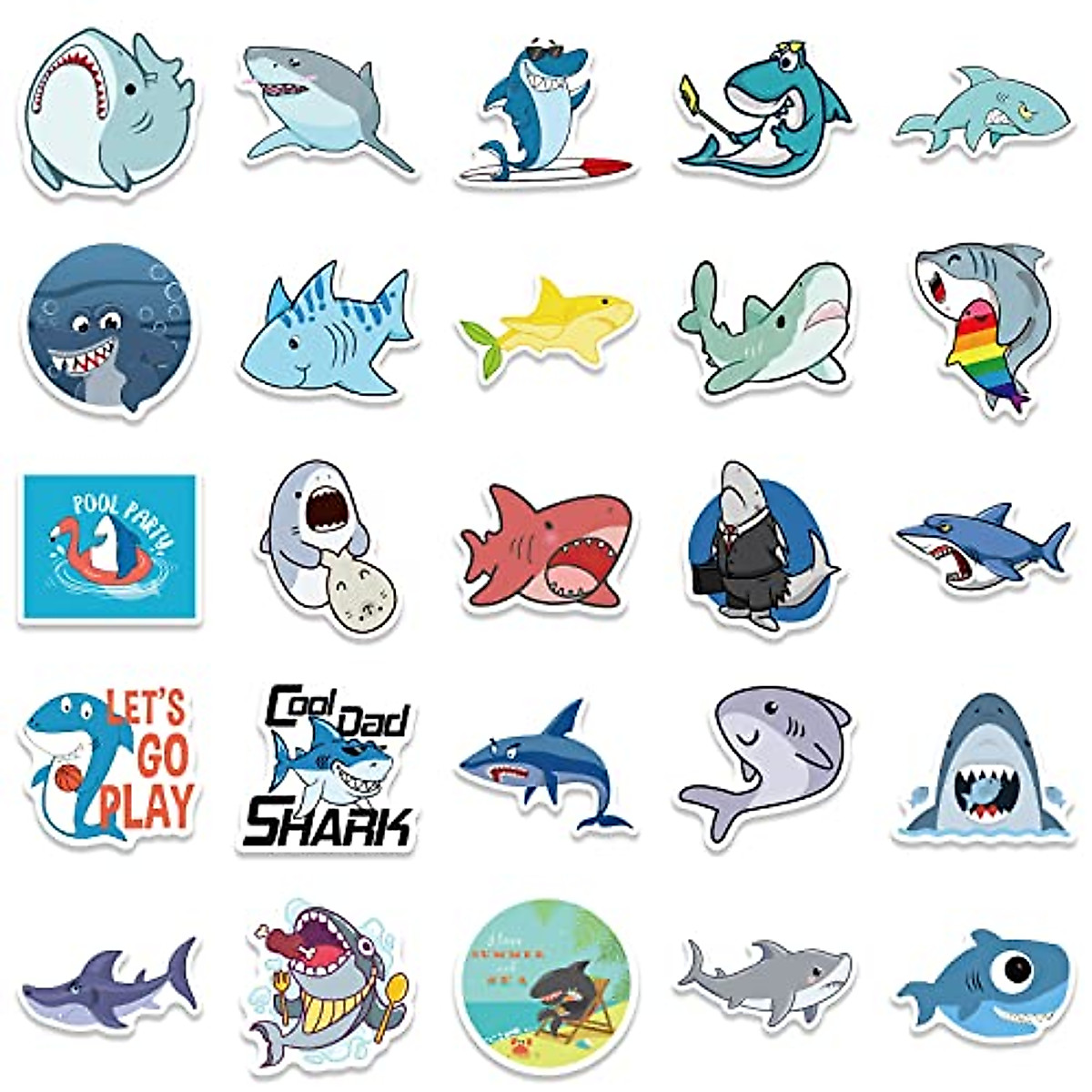 Cute Shark Waterproof Stickers for Kids Boys, 50Pcs Cool Ocean Shark Vinyl Stickers Pack for Water Bottle, Laptop, Scrapbook, Luggage, Skateboard, Guitar Decals, Summer Stickers, Animals Party Favors (Shark)
