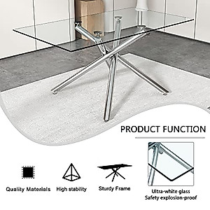 Maotifeys 63" Modern Glass Dining Table for 6 4,Kitchen Table Rectangle Tempered Glass Top Dining Room Table w/Silver X Shape Stainless Steel Pedestal Base,Glass Dinner Table for Kitchen Dining Room