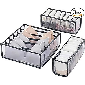 Underwear Drawer Organizer, 3 PCS Bra Sock Drawer Organizers for Women, Foldable Closet Storage Drawer Divider for Underwear Socks Clothes Stockings Scarves Ties and Bras（6/7/11 Compartments, Grey）