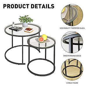 Azheruol Nesting Coffee Table Set of 2,Modern Black Tempered Glass Side Table, Metal Frame Round End Table.Small Glass Tea Table for Living Room,Bedroom Studio Apartment Essentials，17.7IN