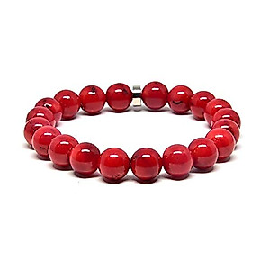 Gehna Natural Red Coral 10mm Round Shape Smooth Beaded 7.5 inch Stretchable Bracelet for Men/Women with Silver Plated Metal Beads.