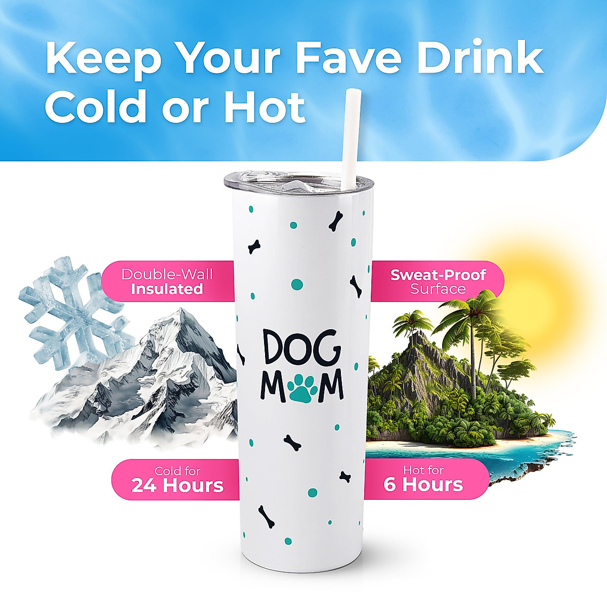 SassyCups Dog Mom Tumbler with Straw | Vacuum Insulated Stainless Steel Dog Themed Travel Mug | Cute Cup For Dog Lover | New Dog Owner | Dog Items For Women | From Dog (20 oz, White, Mint, Black)