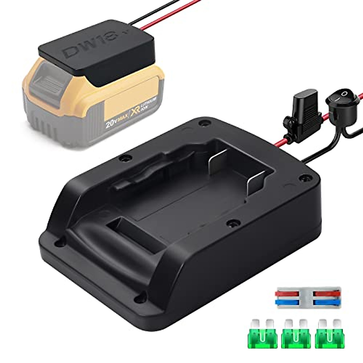 Power Wheel Adapter for DeWALT 20V Lithium Battery with Wire Terminals, 14 Gauge Wire,Power Convertor for Robotics,Work Lights and DIY RC Toys Adapter Set (Black)