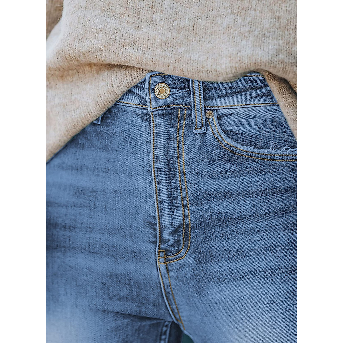 Sidefeel Women's Classic Skinny Frayed Ankle Denim Zimbaplatinum Stretch Straight Jeans Size 14 Blue