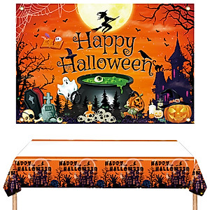2PCS Happy Halloween Banners for Halloween Decorations Indoor, Orange Halloween Photo Backdrops for Halloween Decorations with Happy Halloween Table Cloth, Halloween Backdrops for Photography