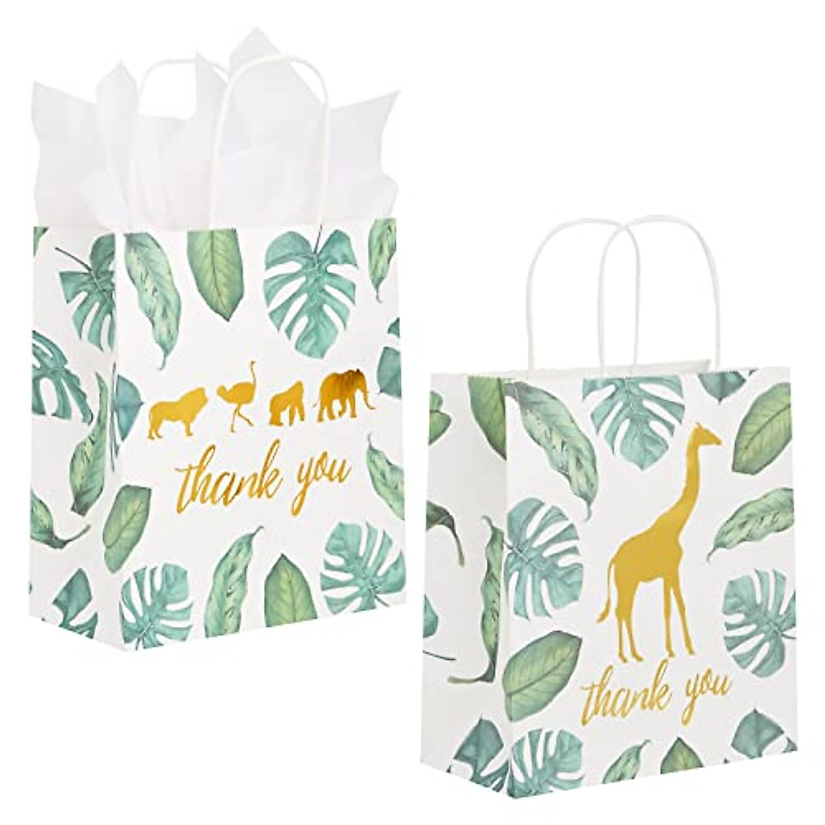 Juvale 12 Pack Safari Thank You Bags with Tissue Paper, Wild One 1st Birthday Themed Decorations for Girls and Boys (8 x 9 x 4 In)