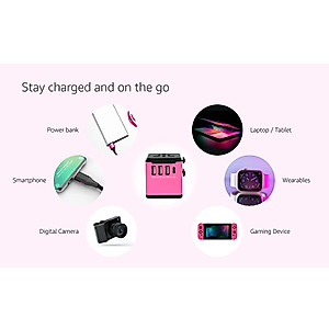Travel Adapter, Universal Wall Charger AC Plug Adaptor with 3.6A Smart Power and 3.0A USB Type-C for USA EU UK AUS (Pink)