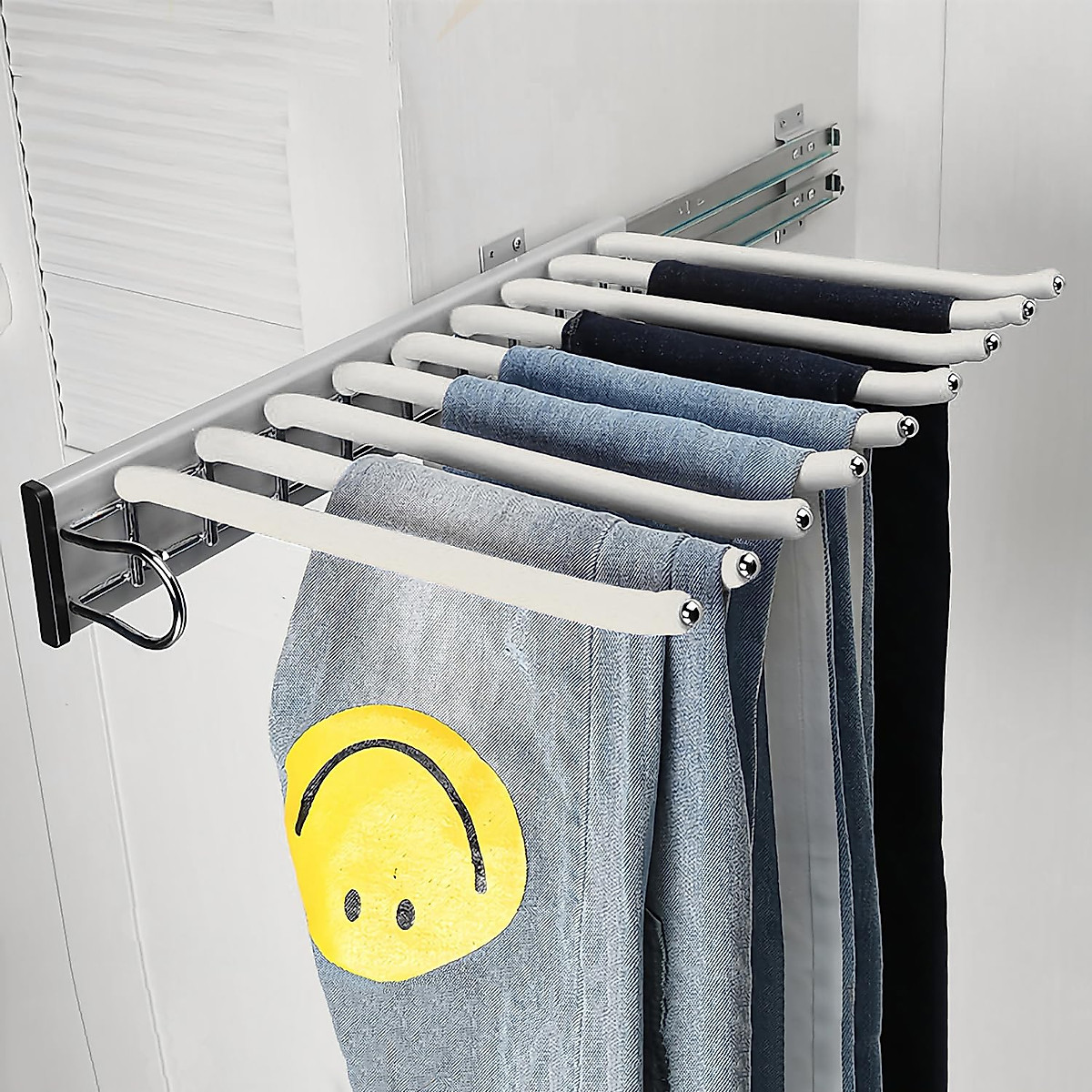 mopam Pull Out Trousers Rack 9 Arms Retractable Closet Pants Hanger Side Mounted Space Saving Trouser Hanger Rack, Left Side Installation, Beige