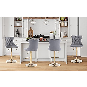 Aoowow Swivel Bar Stools Set of 4,Adjustable Barstools with Back Velvet Tufted Counter Stools Modern Upholstered Bar Chairs with Nailhead for Kitchen Island Restaurant Pub Counter