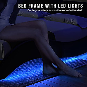 DICTAC Queen Led Bed Frame Modern Faux Leather Upholstered Platform Bed Frame with RGB LED Lights and Headboard Queen Size Wave Like Curve Low Profile Bed Frame,Wood Slats Support,Easy Assembly,Black
