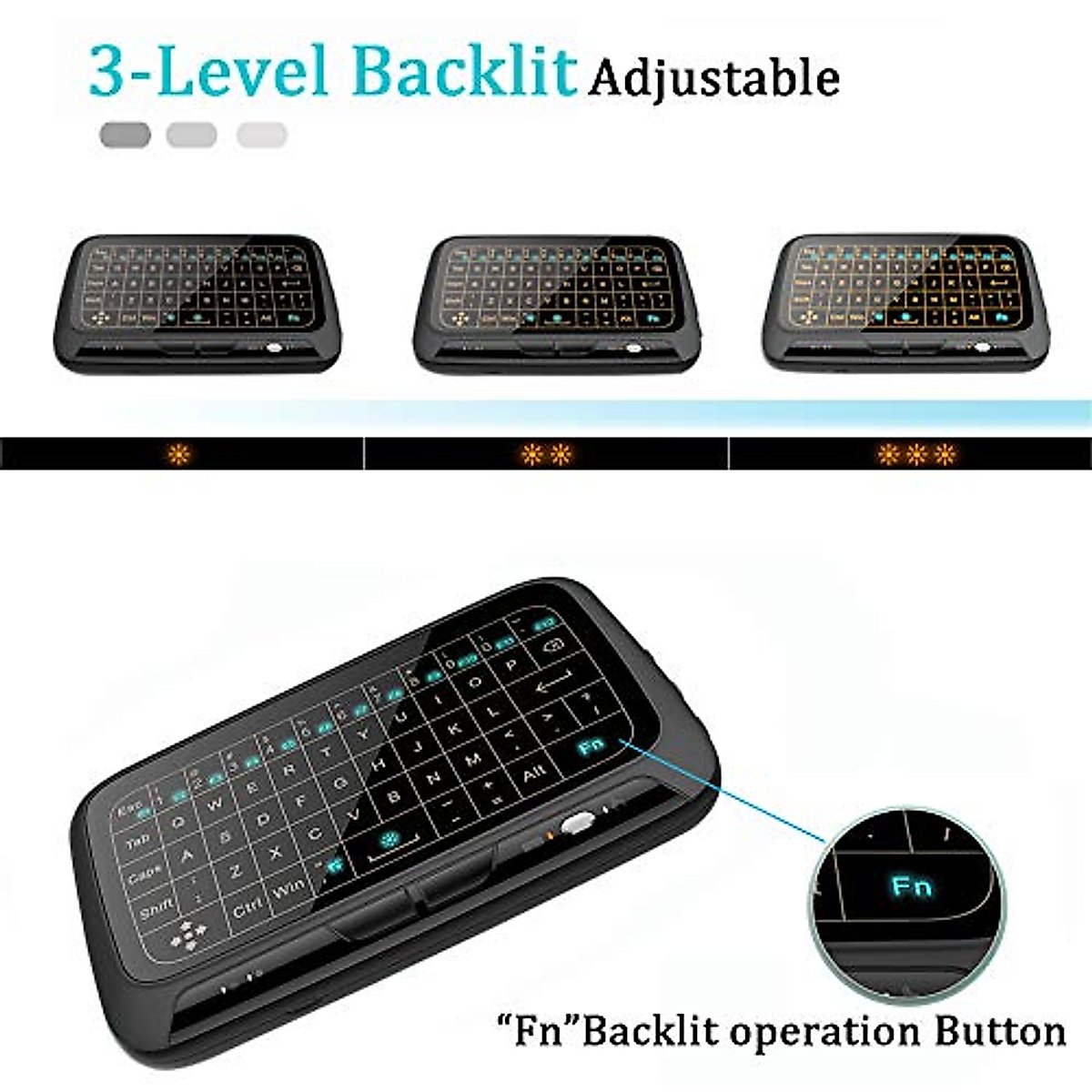 ILEBYGO 2.4Ghz Mini Wireless Keyboard Touchpad Combo with 3 Level Backlit Rechargeable Full Screen Remote Control for Android TV Box, Projector, IPTV, HTPC, PC, Laptop
