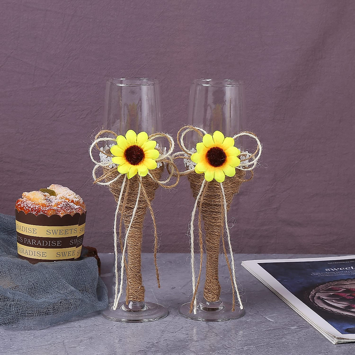 TANG SONG Cake Knife and Server with Champagne Glasses Sets Resin Plastic Handle with with Sunflower Burlap Lace Design