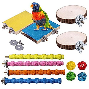 NEWCOMDIGI Colorful Bird Perch Stand, Birdcage Toys, Natural Wood Platform and Paw Grinding Sticks for Parrot, Budgies, Parakeet, Cockatiels, Hamster, Conure, Lovebirds, Gerbil, Rat, Mouse(12 PCS Set)