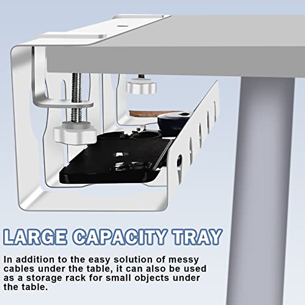 Under Desk Cable Management Tray - No Damage to Desk, Perfect Standing Desk Cable Management, Quszmd Under Table Cable Management Upgraded No Drill,Clamp Install Desk Cord Organizer Rack