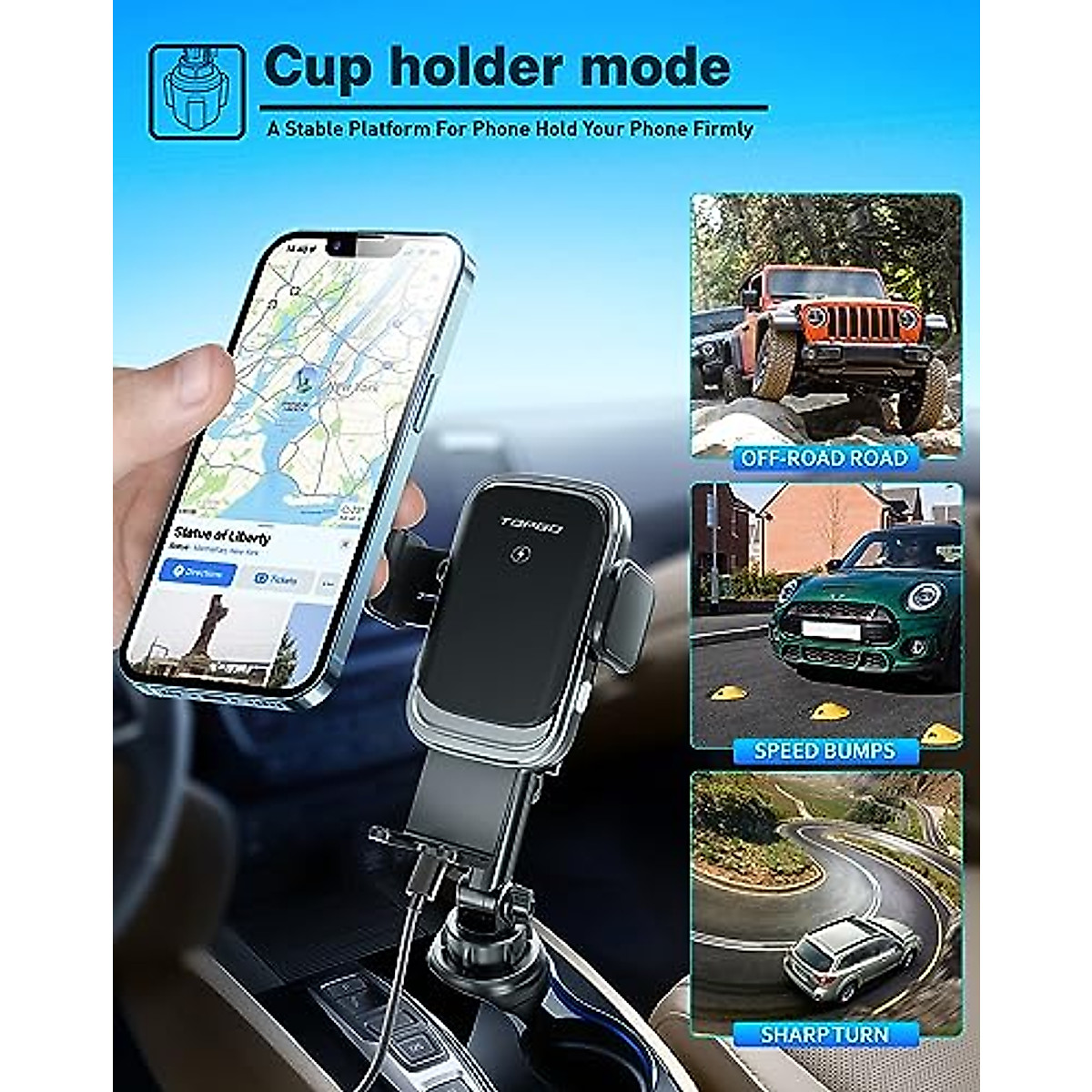 [Upgraded] TOPGO Cup Holder Phone Mount Wireless Charger,Universal Cell Phone Holder Car Charger Wireless-Charger-Cup-Phone-Holder Fast Charging for iPhone11/11 Pro/11 Pro Max, Samsung Galaxy Black