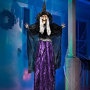 47” Hanging Animated Talking Witch Decoration with Light-up Eyes and Sound Activation Function for Halloween Haunted House Prop Décor, Halloween Hanging Decorations, Outdoor/Indoor, Lawn Decor