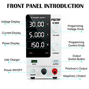 FEITA C305 DC Power Variable Supply Adjustable 30V 5A High Precision Bench Lab Power Supplies Programmable with Output Switch, 5V/2A USB Interface for Anodizing & Electroplating Kit