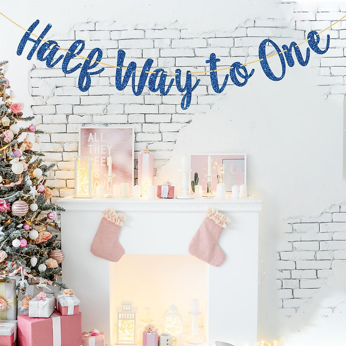 Halodete Half Way to One Banner, Baby 6 Months Banner, Baby Shower, Half 1/2 Birthday Party Garland Bunting Decorations - Blue Glitter