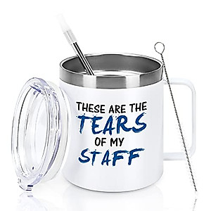 Qtencas Boss Day Gifts, These Are The Tears of my Staff Funny Travel Mug, Boss Gifts for Bosses Employers Workers Friends Coworker Men Women Christmas, 12oz Stainless Steel Insulated Boss Mug, White