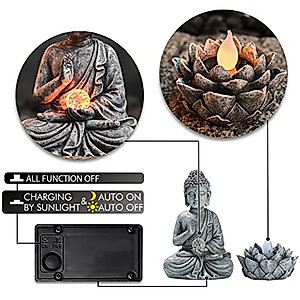 TERESA'S COLLECTIONS Meditating Buddha Statue and Lotus Lantern Garden Statue with Solar Lights, Set of 2 Rustic Buddha Outdoor Statue Spiritual Zen Garden Decor for Patio Porch Yard Decorations