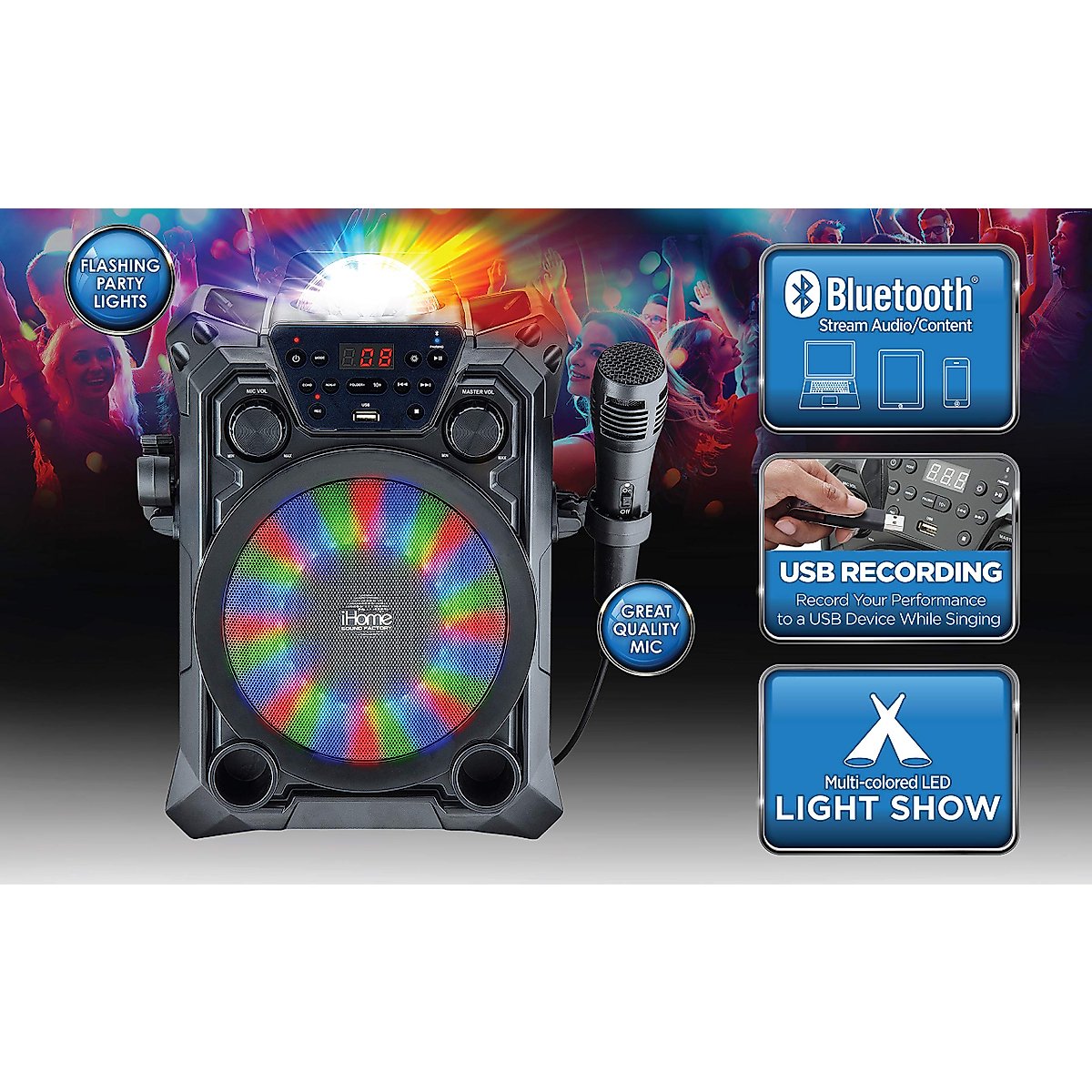 iHome Karaoke Machine with Bluetooth Speaker and Wired Microphone Designed for Kids and Adults, Includes USB Recording Feature and Party Lights