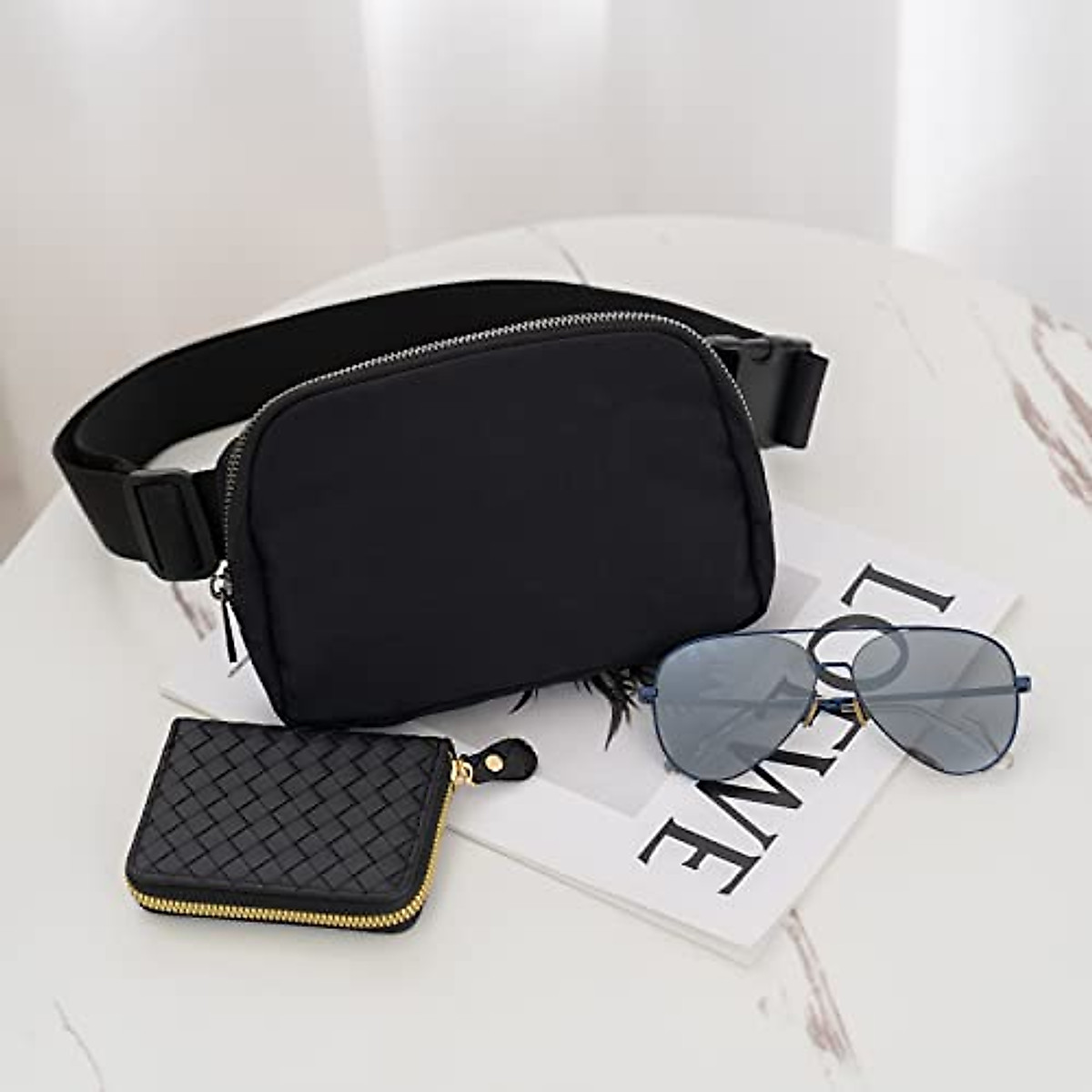 Everywhere Belt Bag with Card Holder Wallet for Women, Fanny Pack Crossbody Bags with Longer-length Adjustable Strap, Unisex Fashion Waist Packs for Workout Travelling Running (Black)