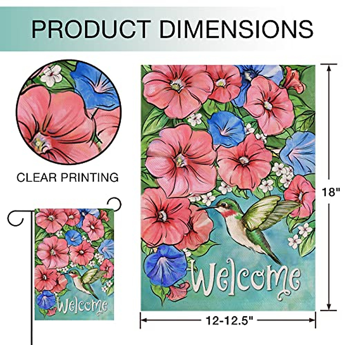 Hzppyz Welcome Spring Floral Flowers Garden Flag Double Sided, Morning Glory Hummingbird Birds Decorative Yard Outdoor Home Small Decor, Summer Farmhouse Burlap Outside House Decoration 12 x 18