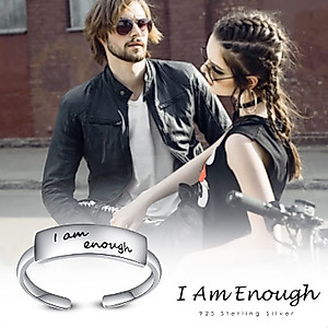 KINGWHYTE I Am Enough Ring S925 Sterling Silver Open Ring Adjustable Band Rings Inspirational Rings Birthday Graduation Jewelry Gifts for Women
